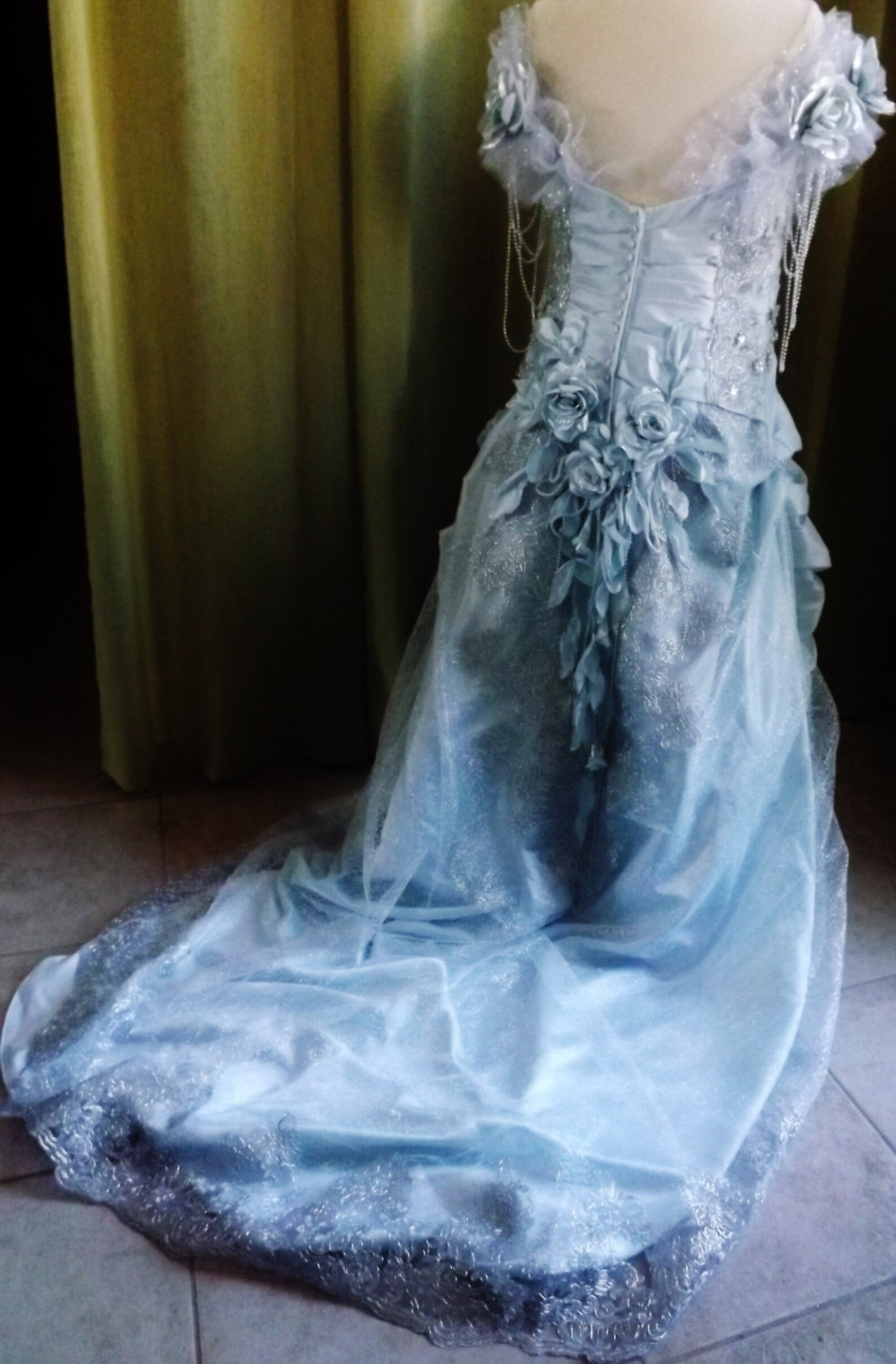 Made to ORDER Victorian Light Blue Satin Tulle of Shoulder Wedding ...