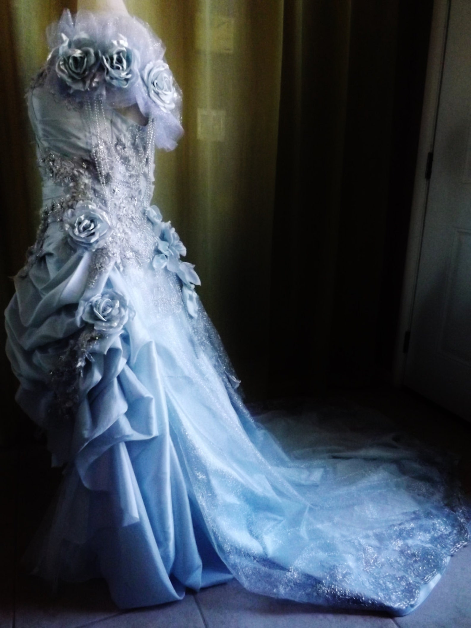 Made to ORDER Victorian Light Blue Satin Tulle of Shoulder Wedding ...