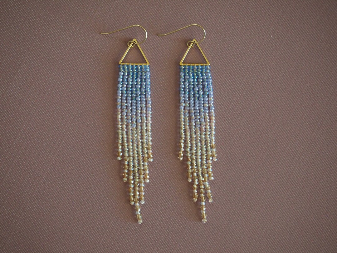 Misty Morning: Sparkly Beaded Fringes on Golden Triangles. Sapphire ...