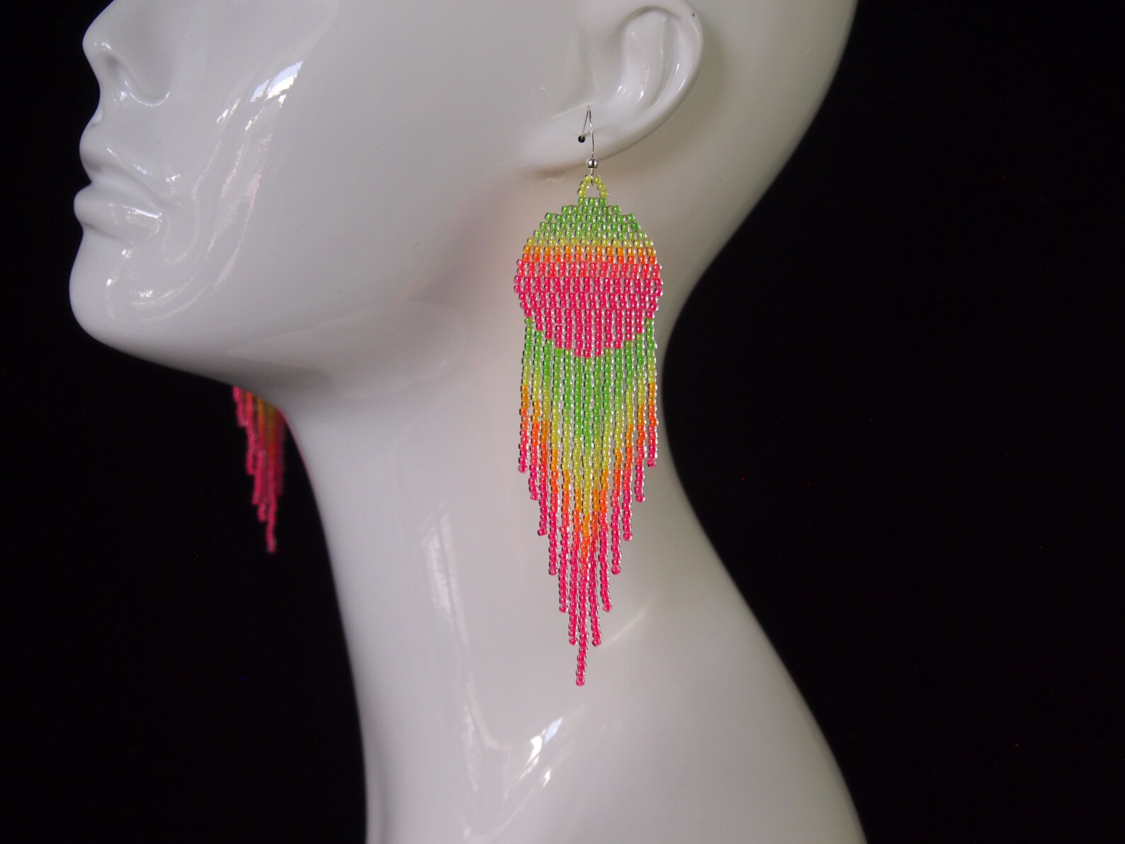 Hot Pink/neon Green Beaded Fringe Earrings Neon Ombre Fringes. Hot Pink ...