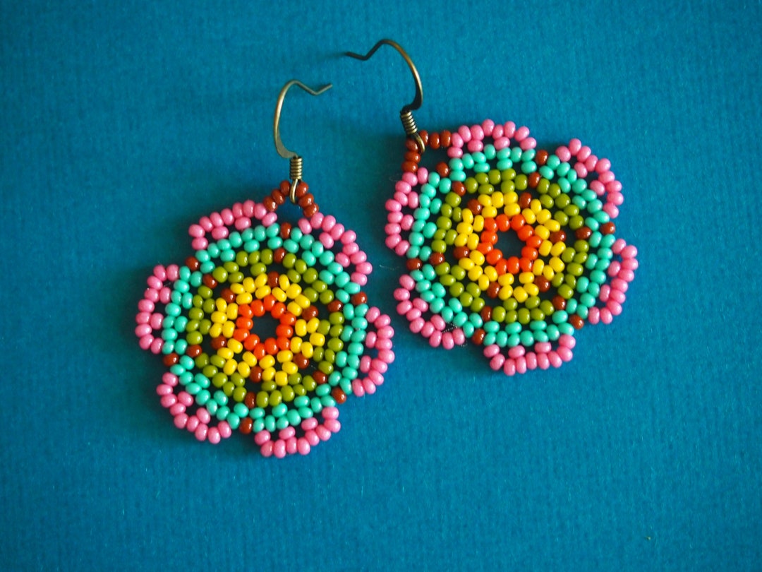 Huichol Style Seed Bead Flower Earrings! Bright Pink and Rainbow ...