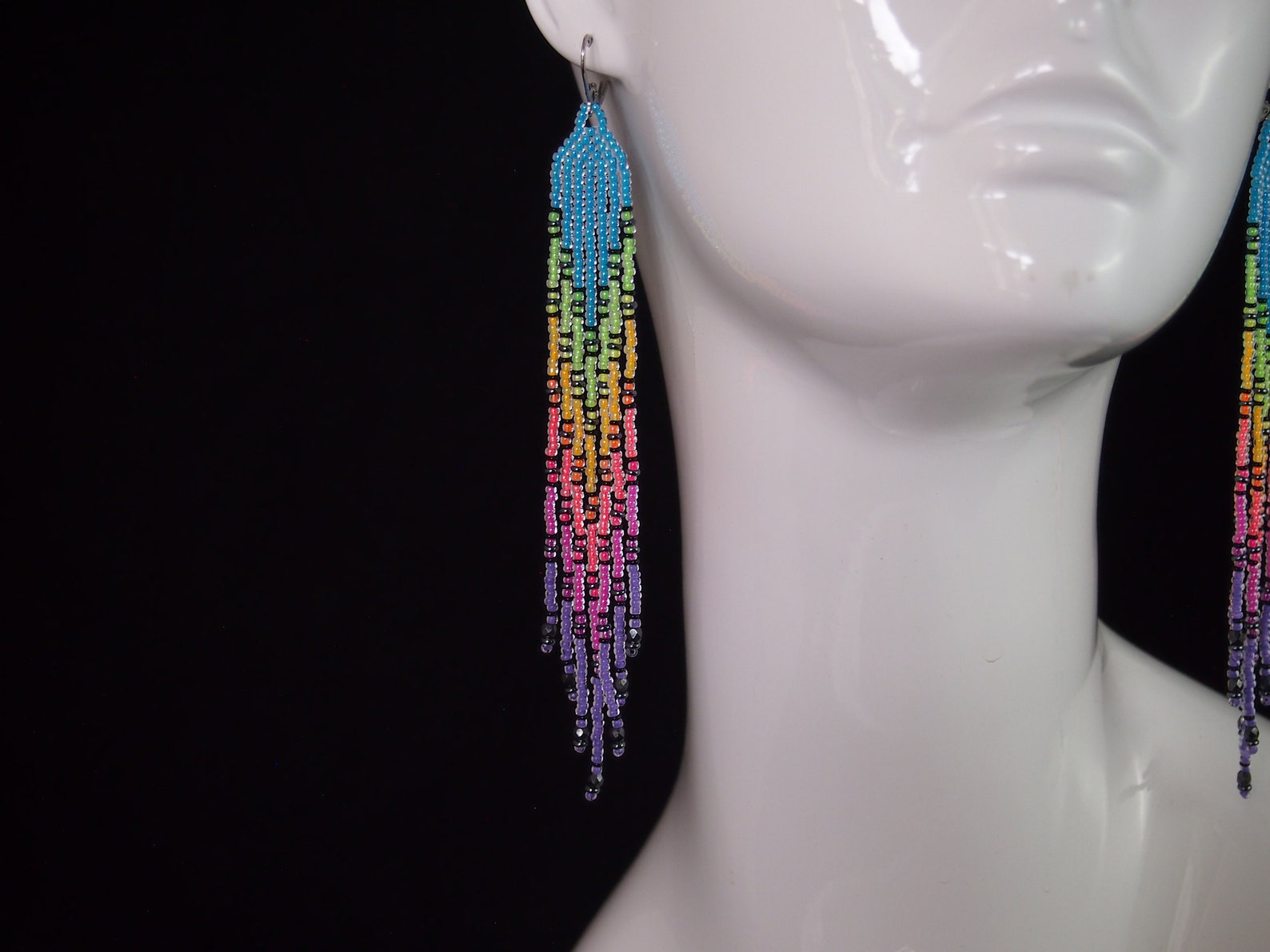 Long Neon Color Block Seed Bead Fringes Bright Glossy Neons W Black ...