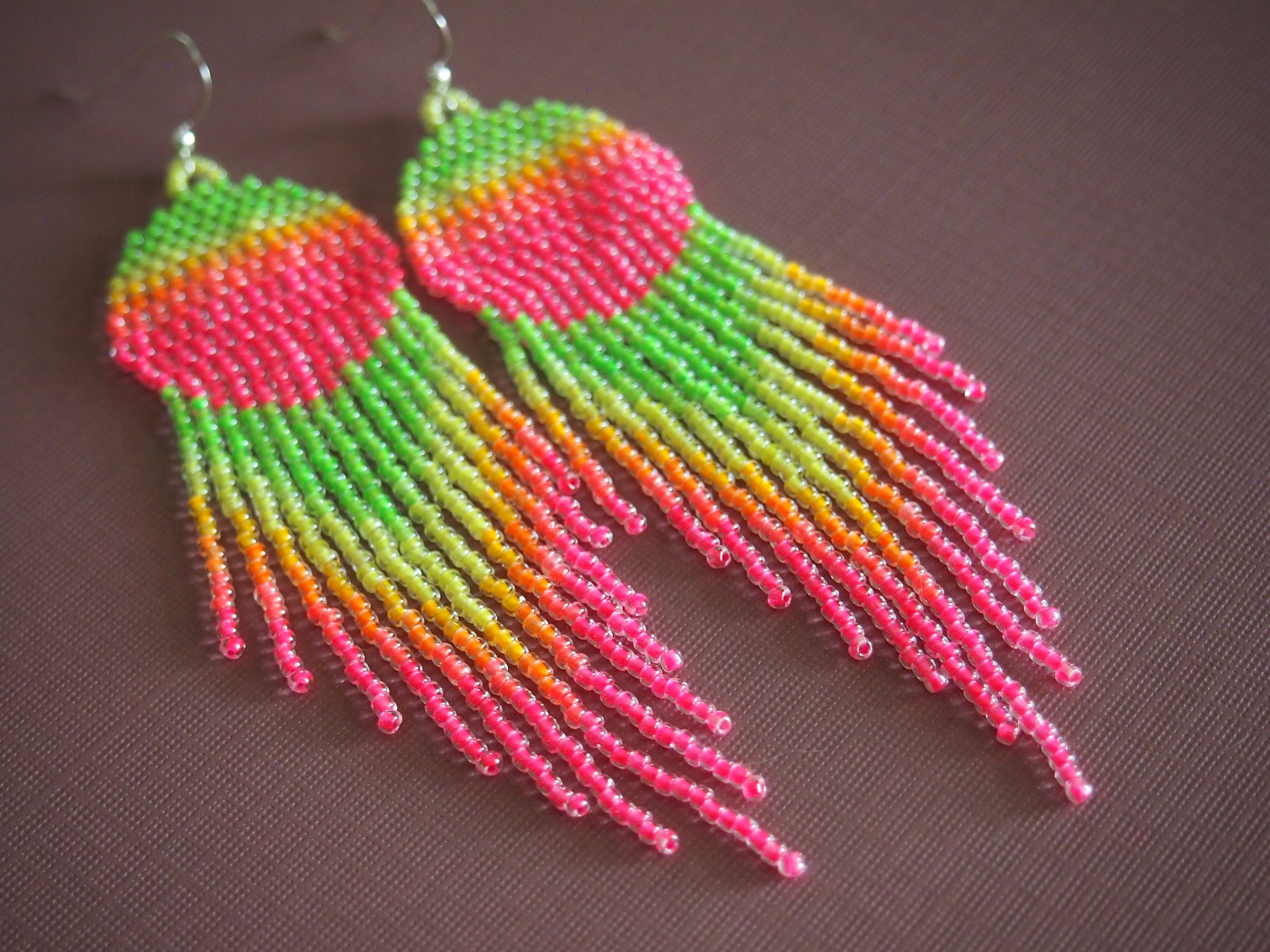 Hot Pink/neon Green Beaded Fringe Earrings Neon Ombre Fringes. Hot Pink ...