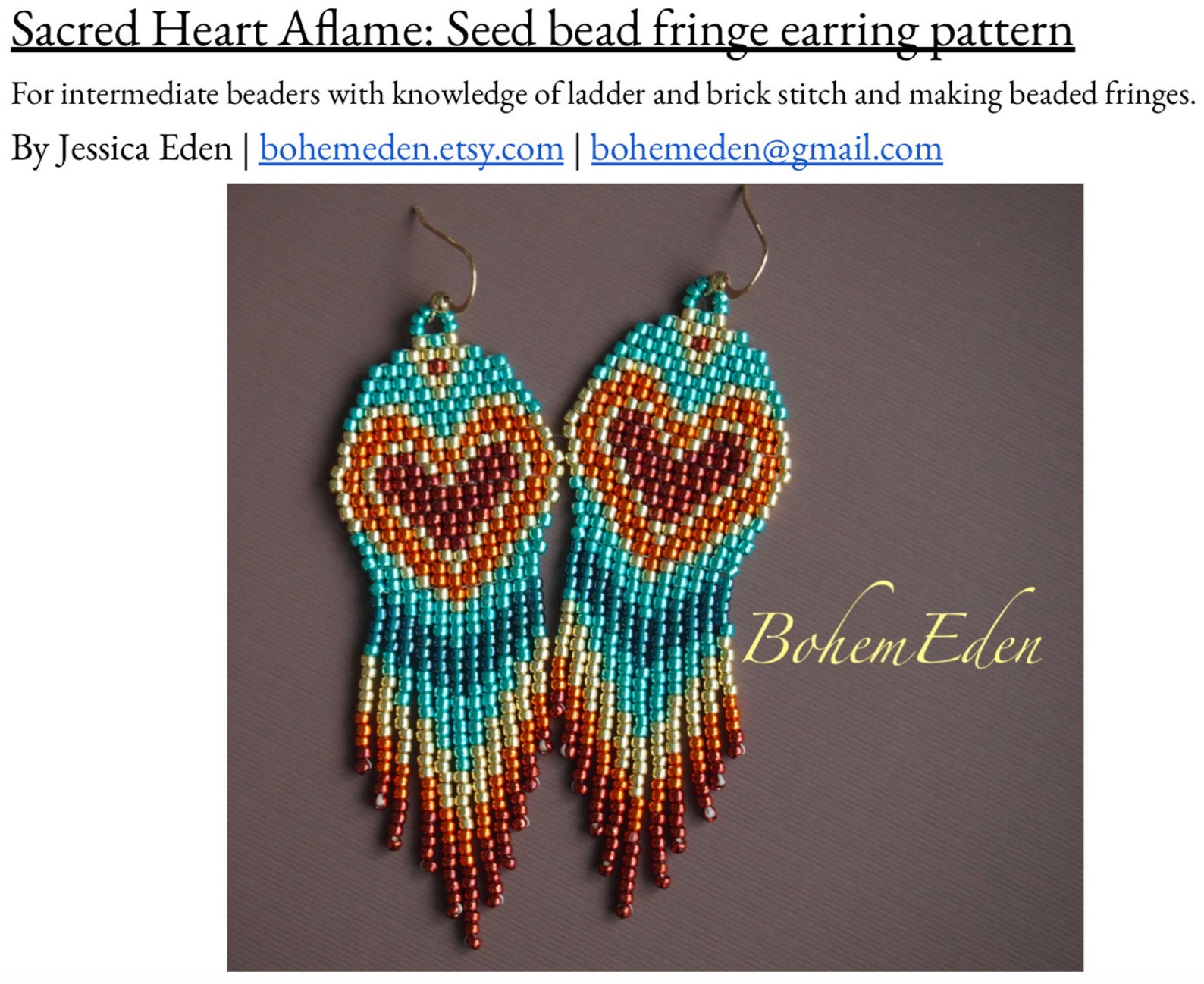 PATTERN: Sacred Heart Aflame Seed Bead Fringe Earring Pattern - Etsy
