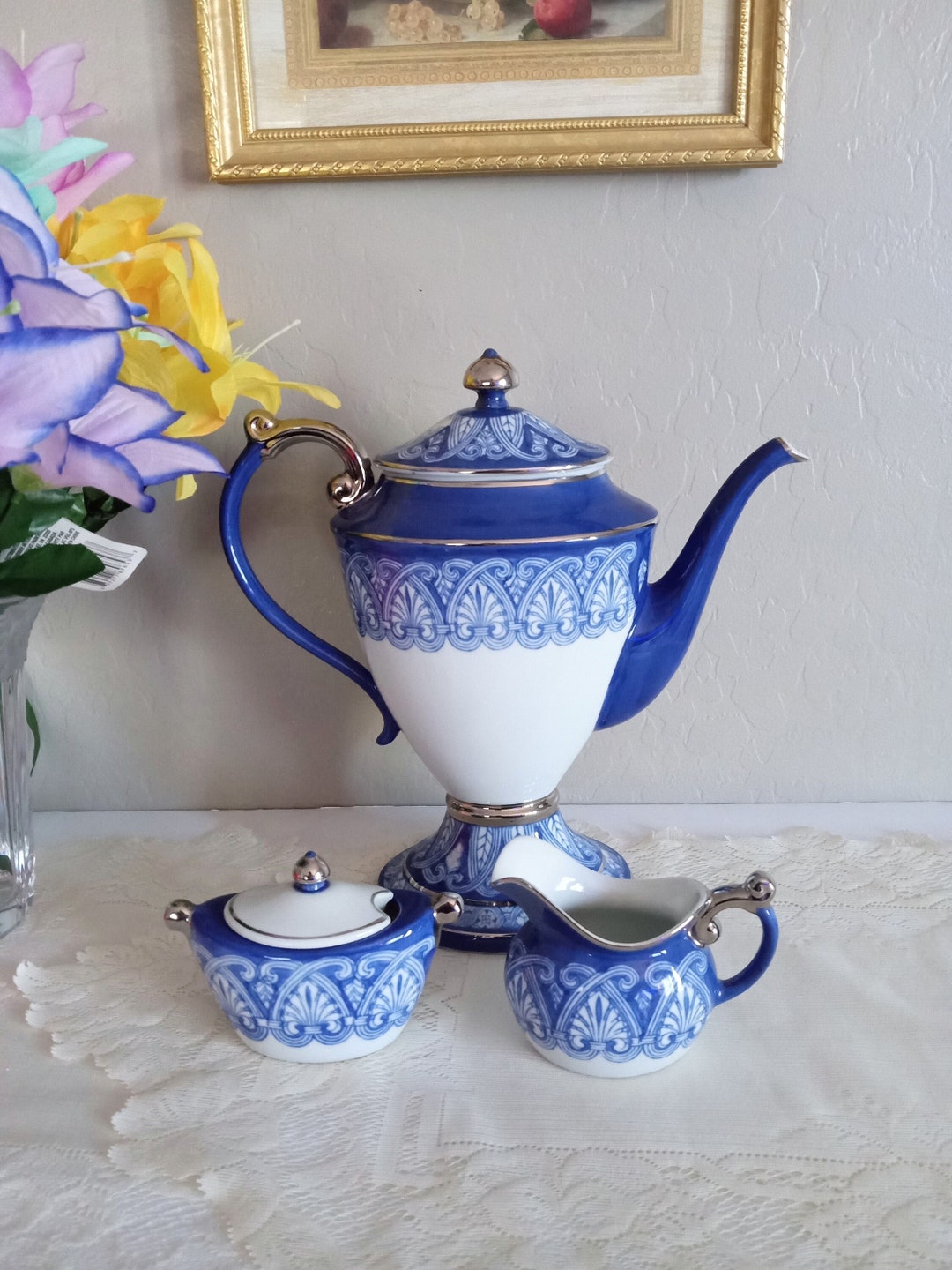 Vintage Teapot Sugar Bowl Creamer Blue Tile by Bombay & Company. - Etsy