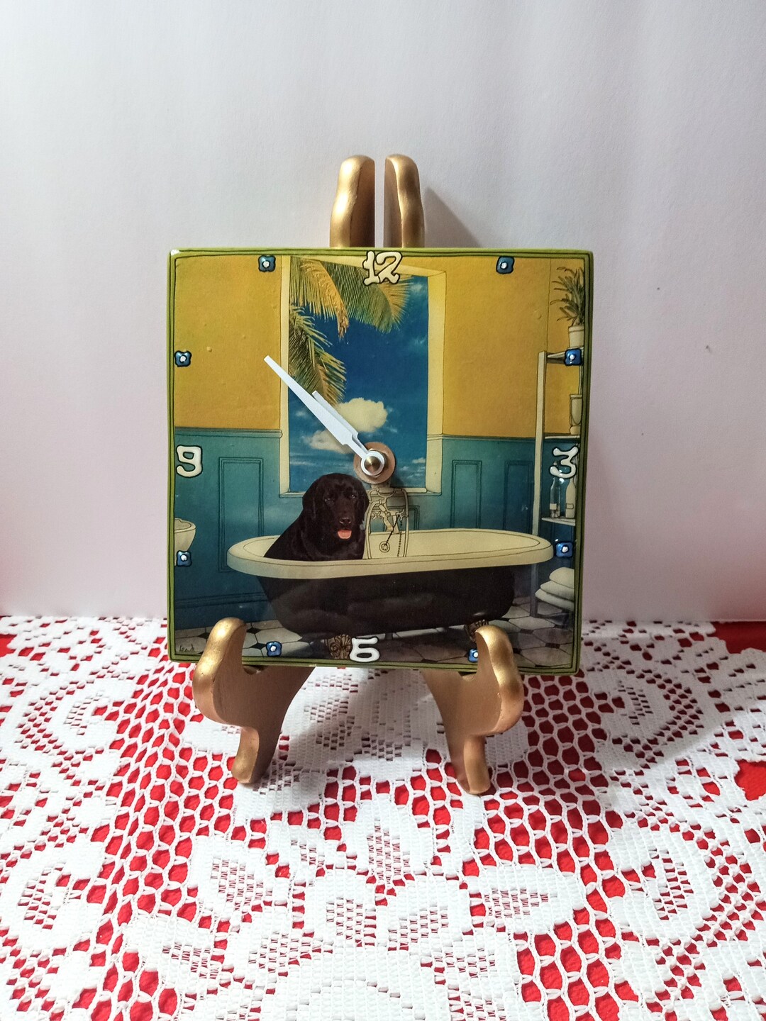 Midnight in the Tub Dog Collage Tile Clock by Lea Alboher - Etsy