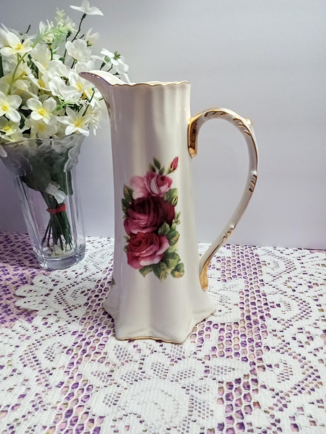 Vintage Cracker Barrel Victorian Red and Pink Roses Tall Pitcher by ...