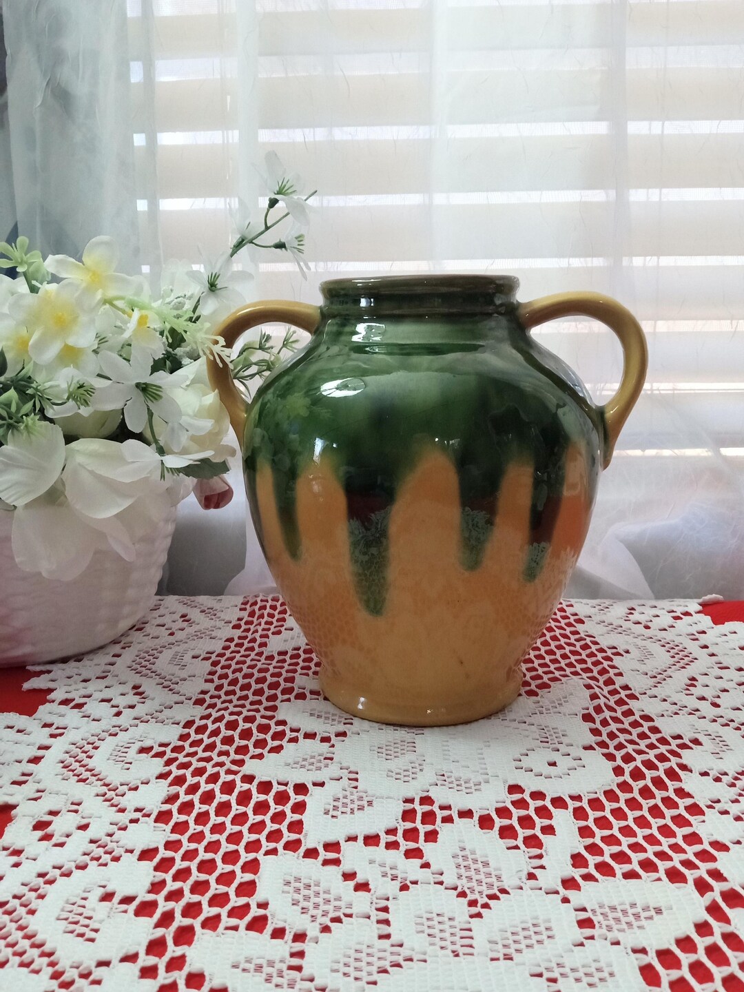 Vintage Enesco Drip Glaze Pottery Vase Double Handle - Etsy