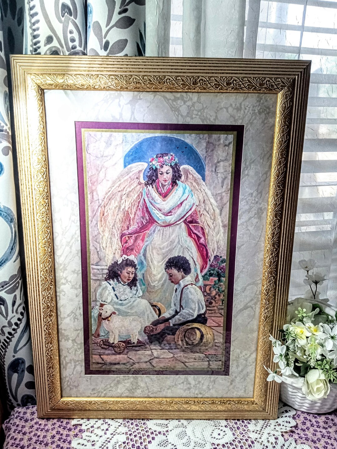 Vintage Home Interiors Angel With Boy Ang Girl Picture Print Gold Frame ...
