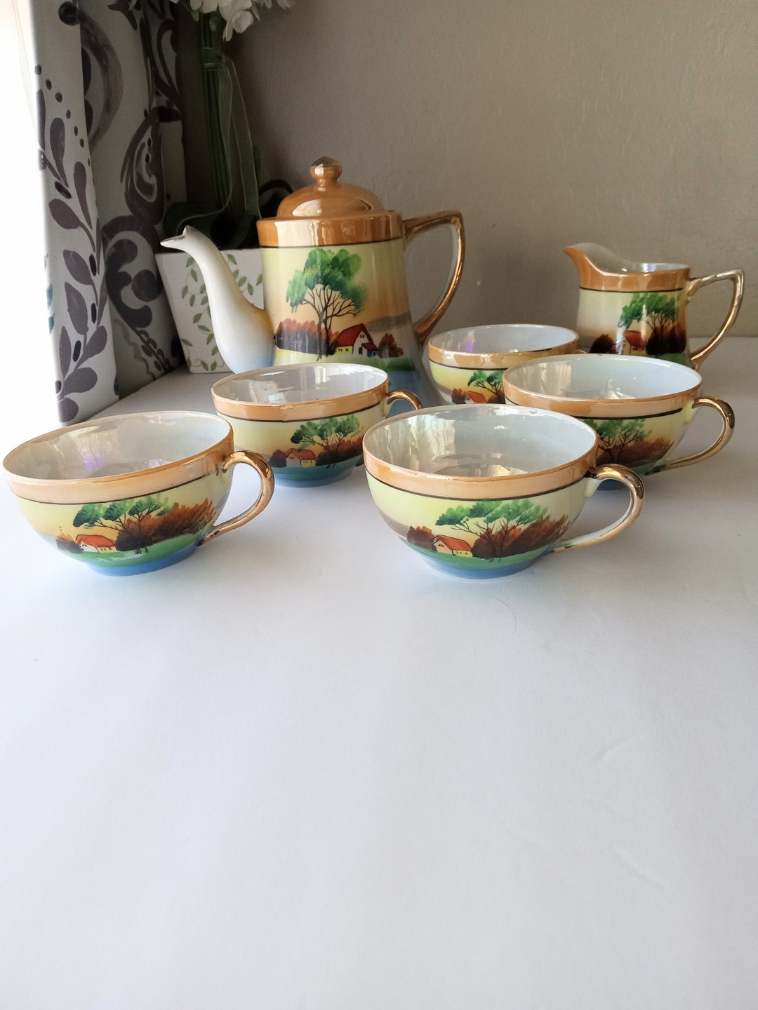 Vintage Takito Japan Lusterware Teapot Set Hand Painted Country Scene ...