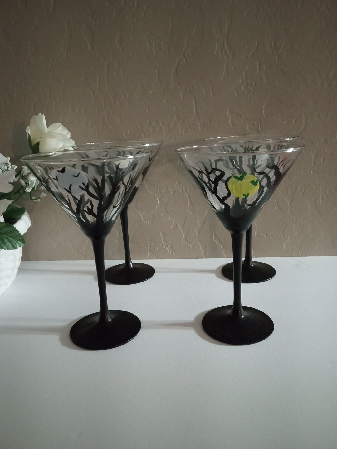 Hand Painted Black Martini Glasses Goblets Barware Cocktail Glass Set ...