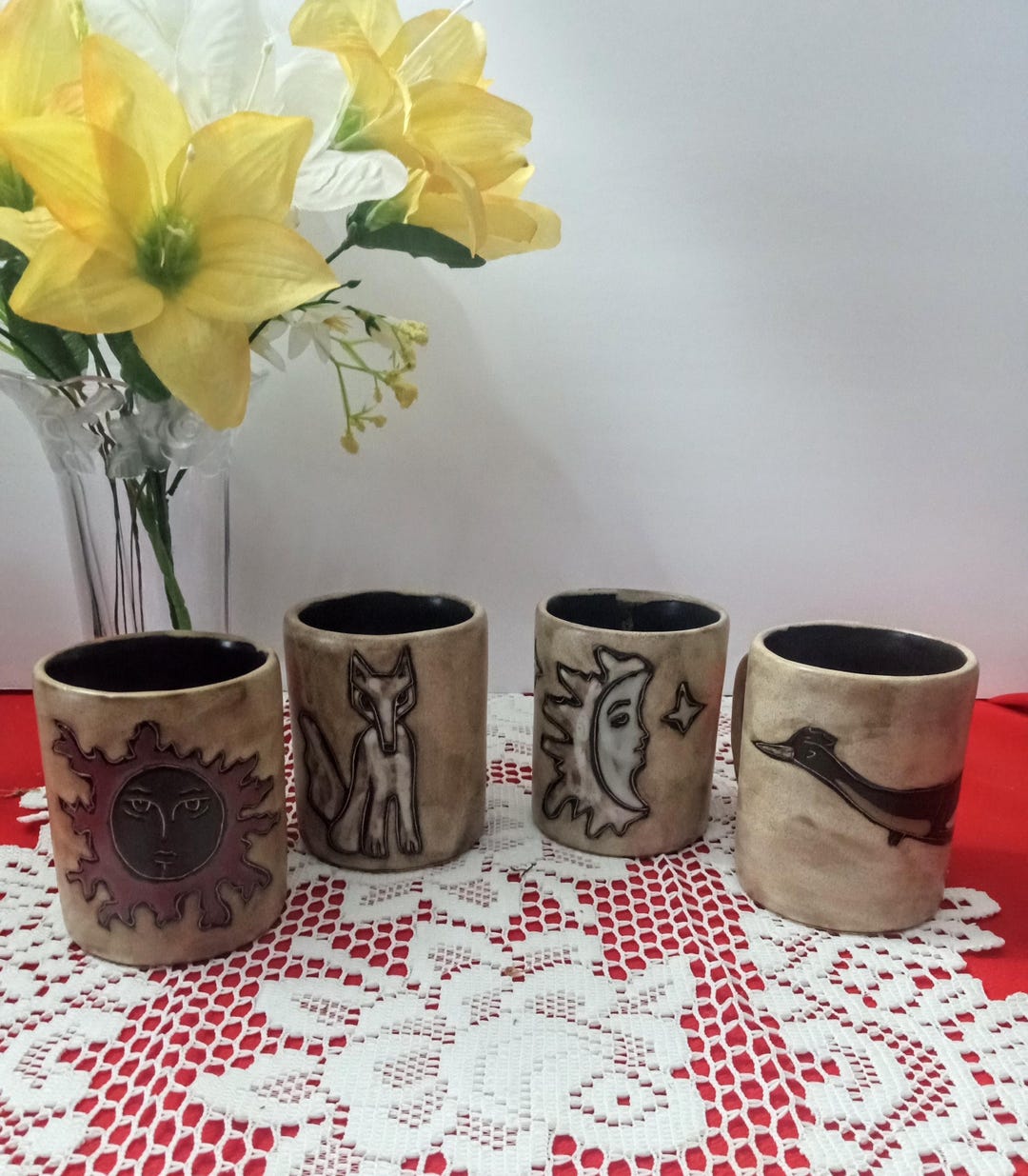 Mara Stoneware Mugs Sun Moon Coyote Roadrunner Studio Pottery Set of ...