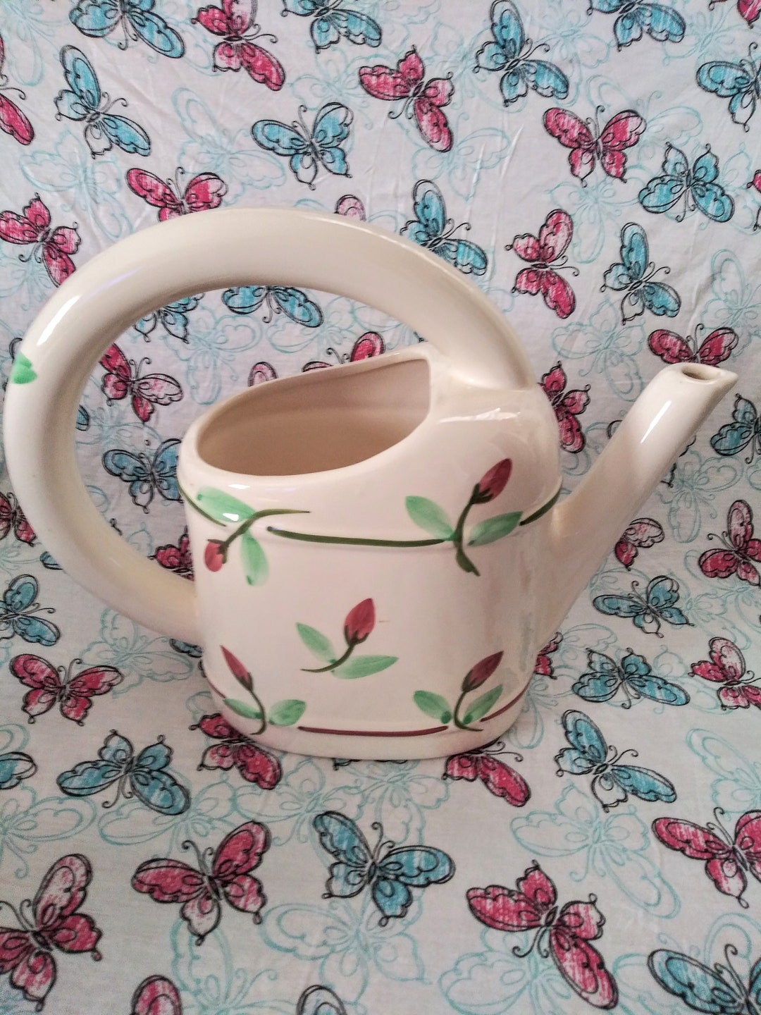 Vintage Ceramic Floral Rosebud Watering Pitcher Vase Hand Painted House ...