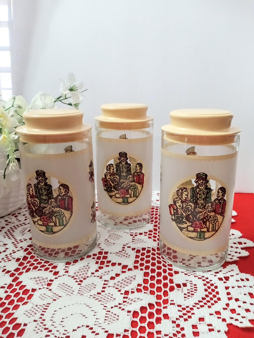 Vintage Ebenezer Scrooge and Tiny Tim Glass Canister Christmas Holiday ...