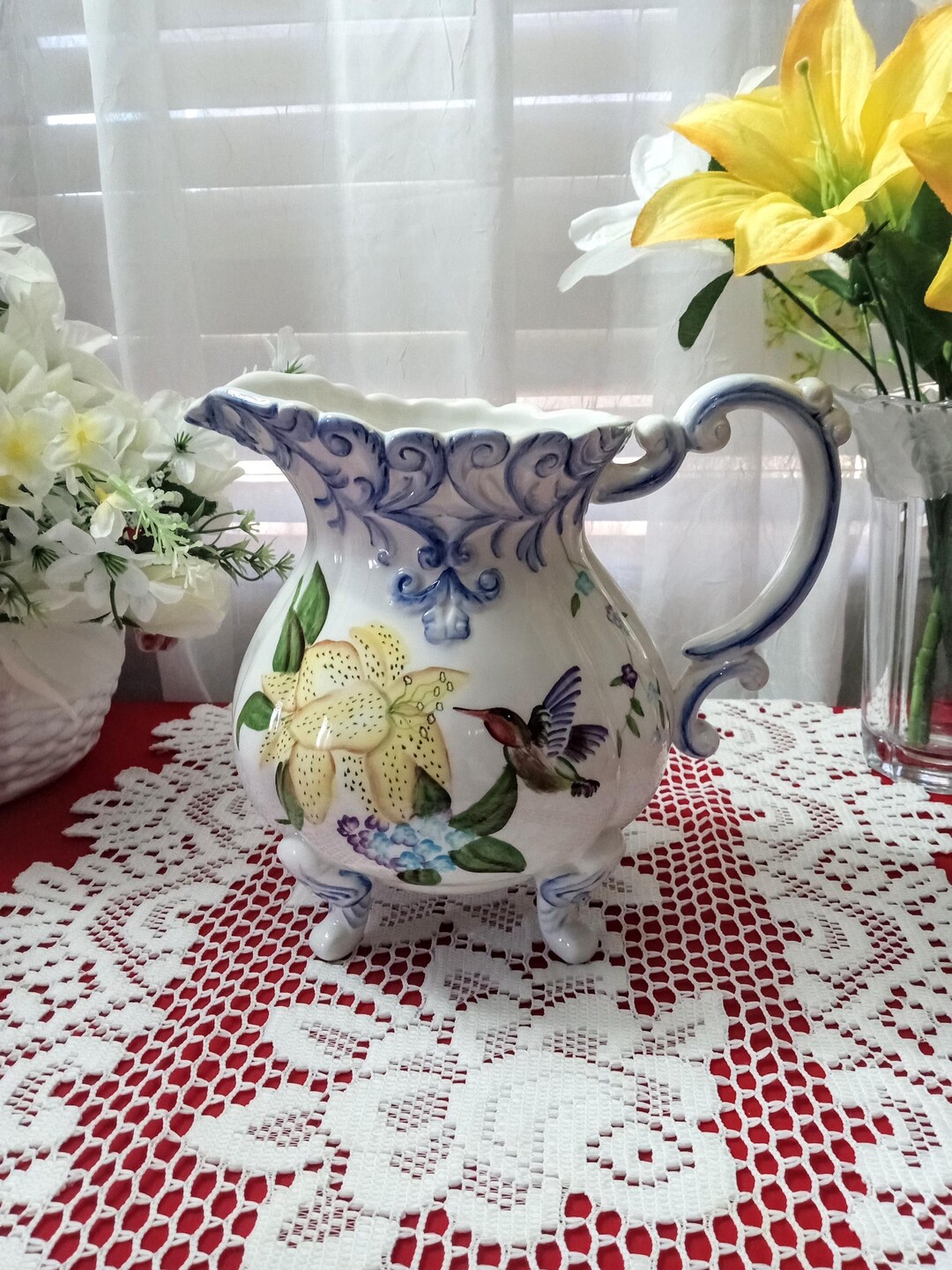 Vintage White Floral Hummingbird Footed Pitcher Home Decor - Etsy