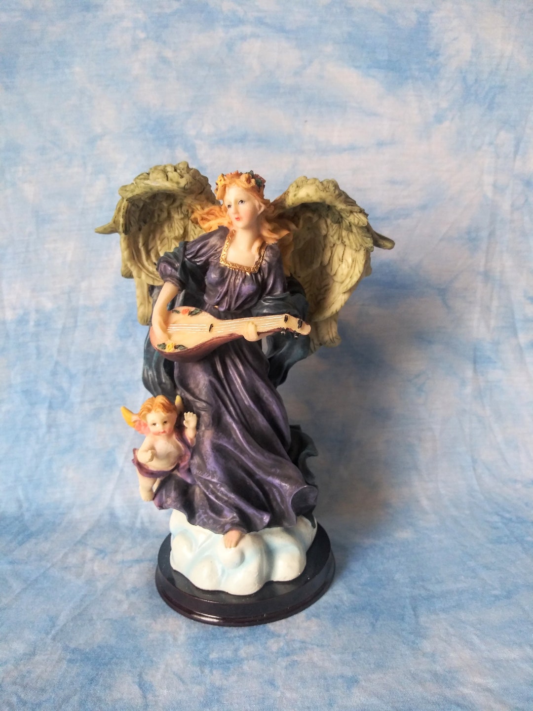 Vintage Angel Statue With Baby Angel Handcrafted Figurine Wood Base ...