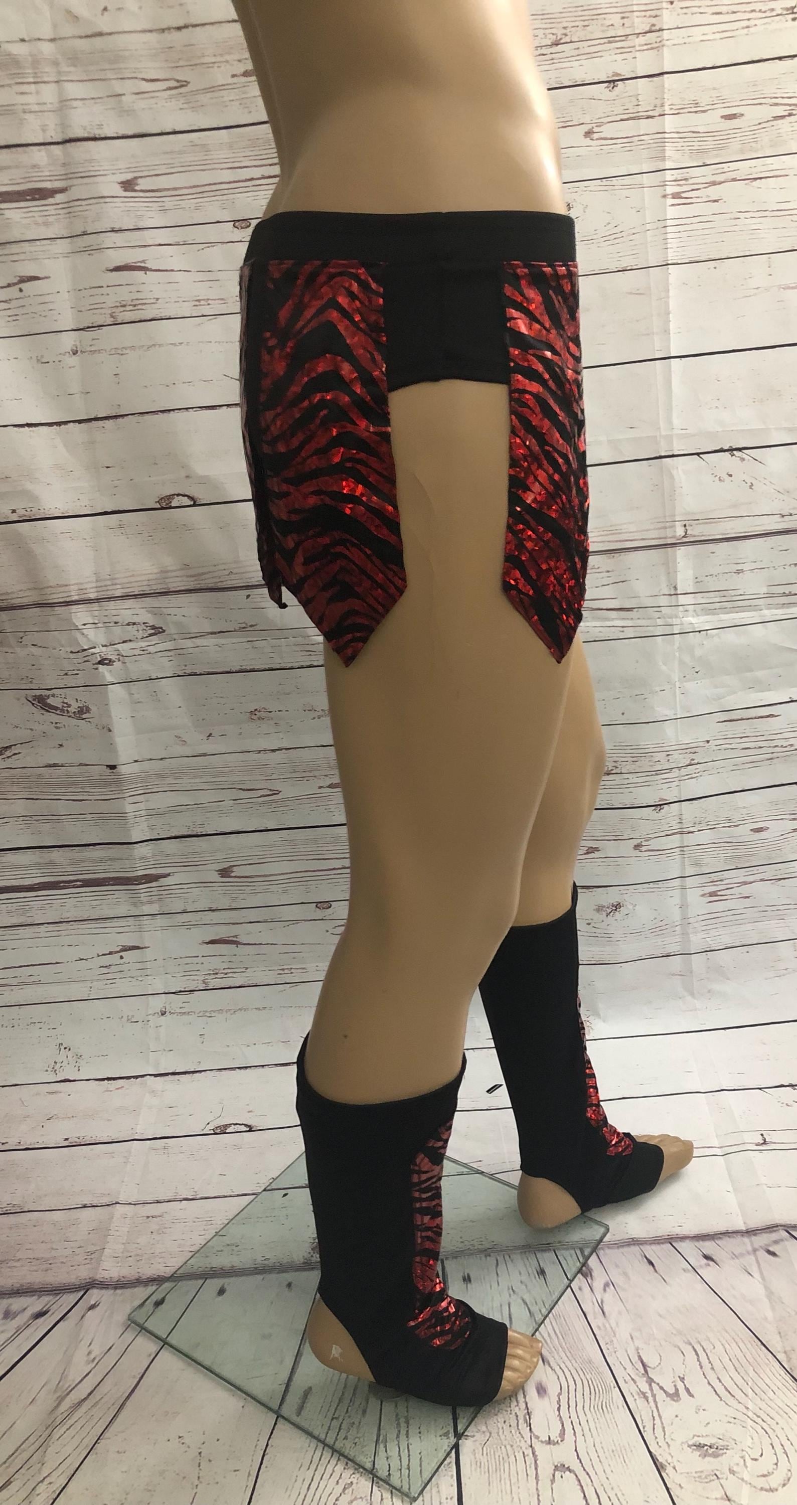 Men’s Pro Wrestling Cosplay Attire Red Black Zebra Trunks, Vest Kickpad ...