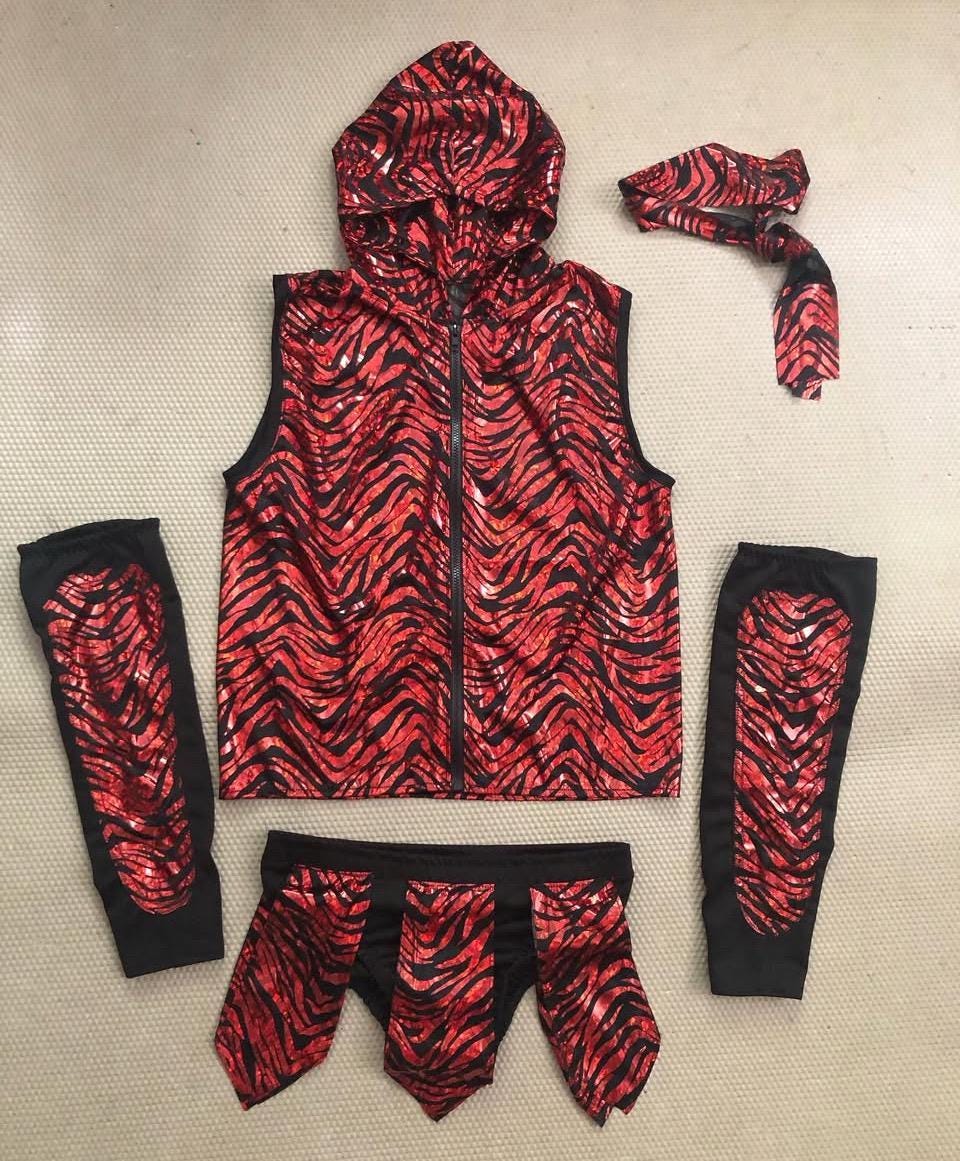 Men’s Pro Wrestling Cosplay Attire Red Black Zebra Trunks, Vest Kickpad ...