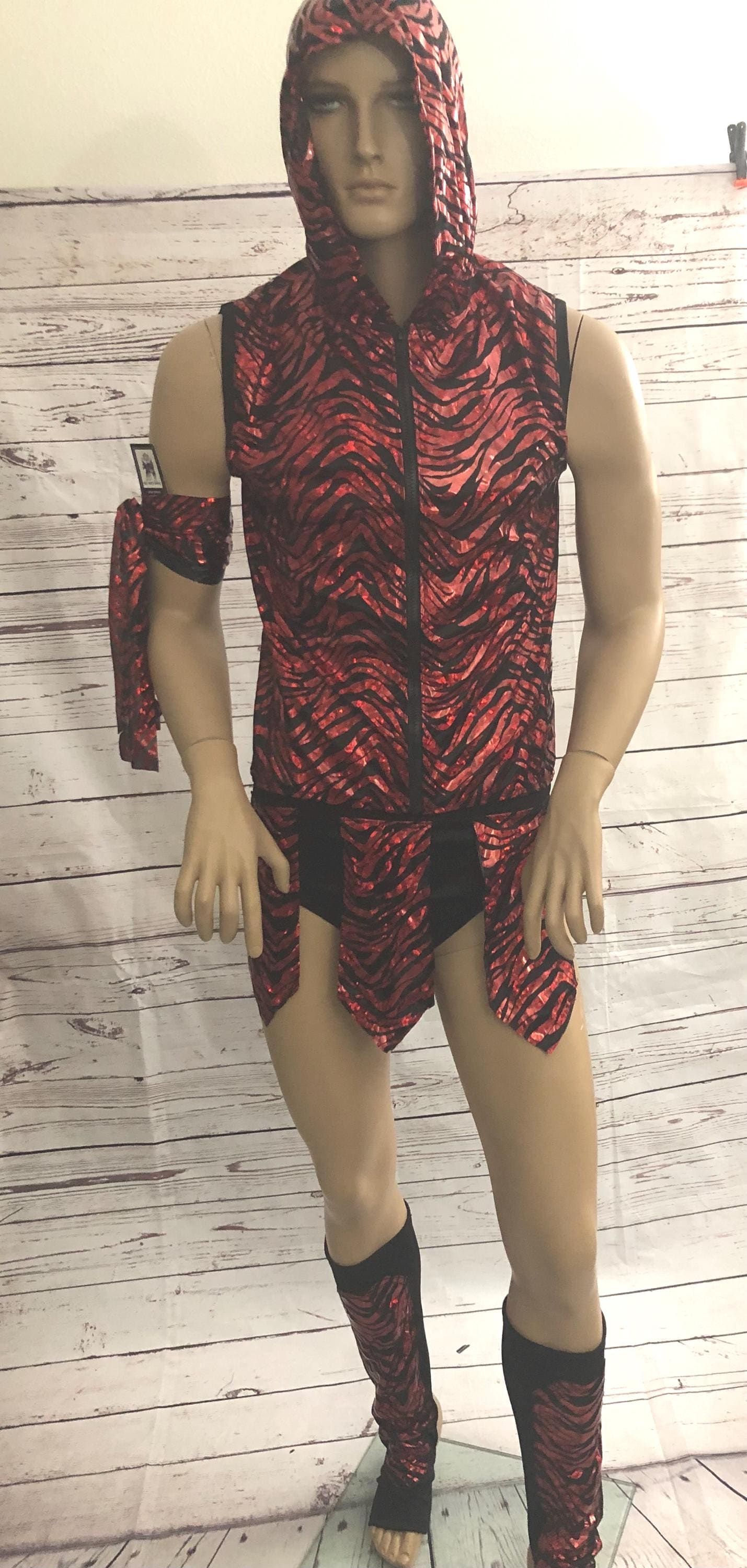 Men’s Pro Wrestling Cosplay Attire Red Black Zebra Trunks, Vest Kickpad ...