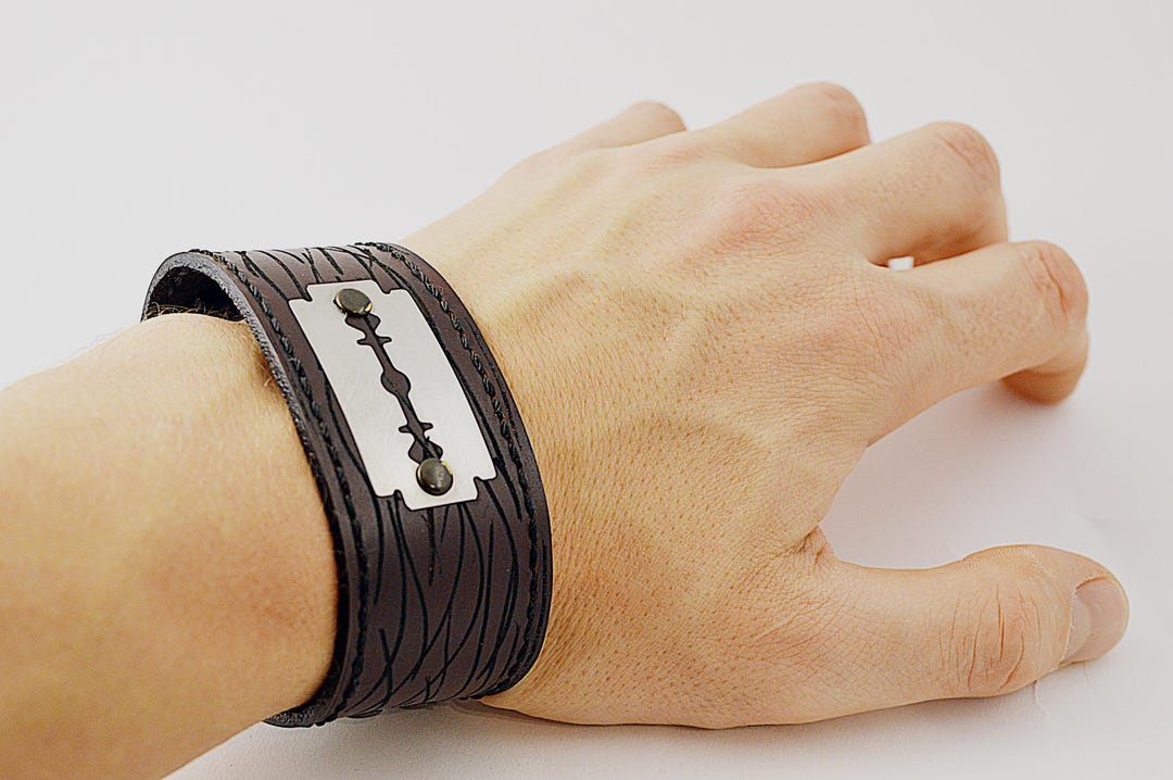 Punk Style, Handmade Men's Leather Bracelet With Razor Blade Accent ...