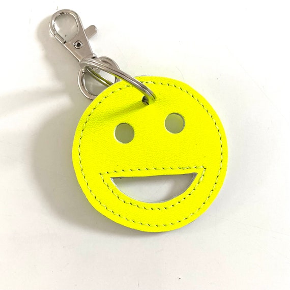 Smiley Leather Neon Yellow Laugh Face Keychain Bagchain - Etsy