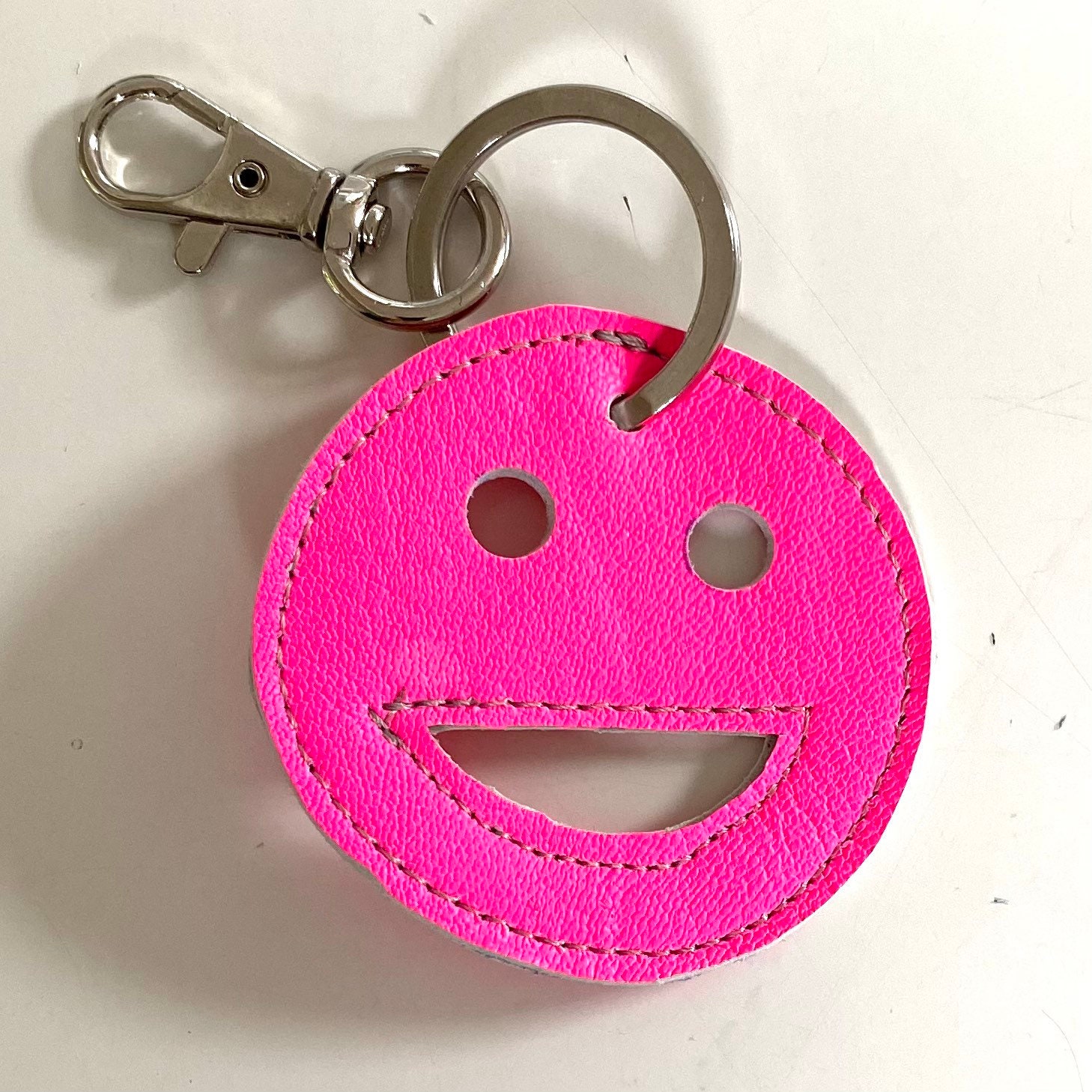 Laughing Face Leather Neon Pink Keychain Bag Charm - Etsy