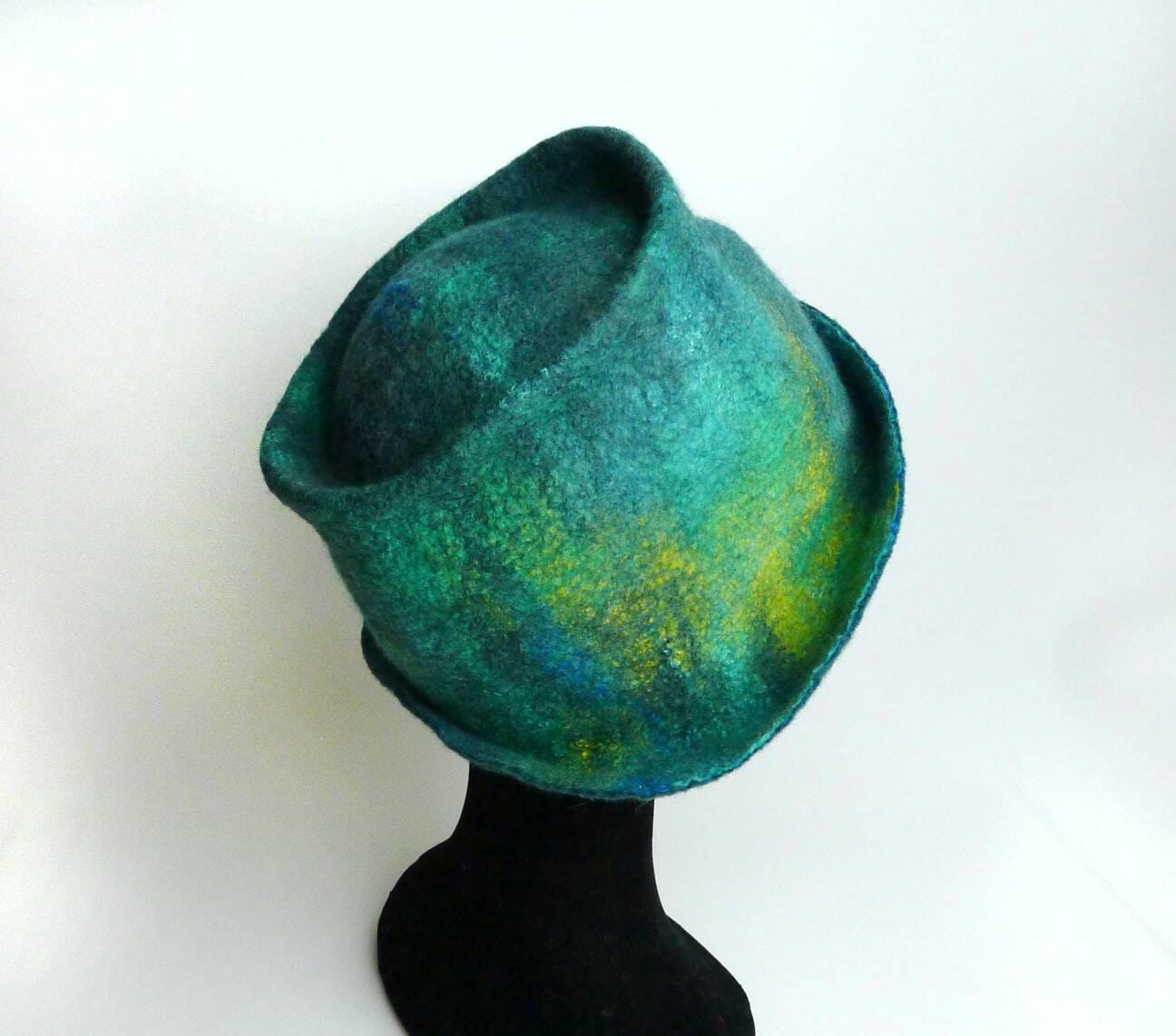 Green Teal Merino and Silk Hand Felted Hat, Felt Hat Felted Wool Hat ...