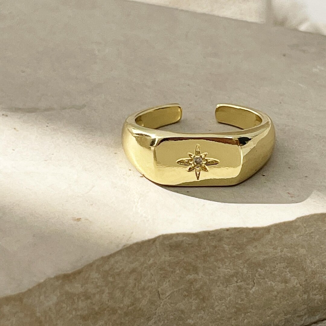Gold Square Signet Ring, Star Signet Ring With Diamond, Minimalist ...