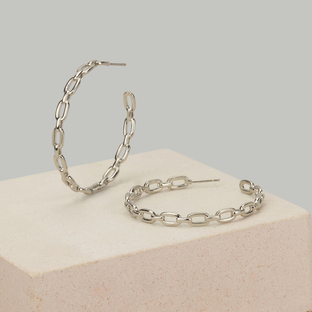 Chain Hoop Earrings Silver or Gold, 45mm Link Hoop Earrings, Birthday ...