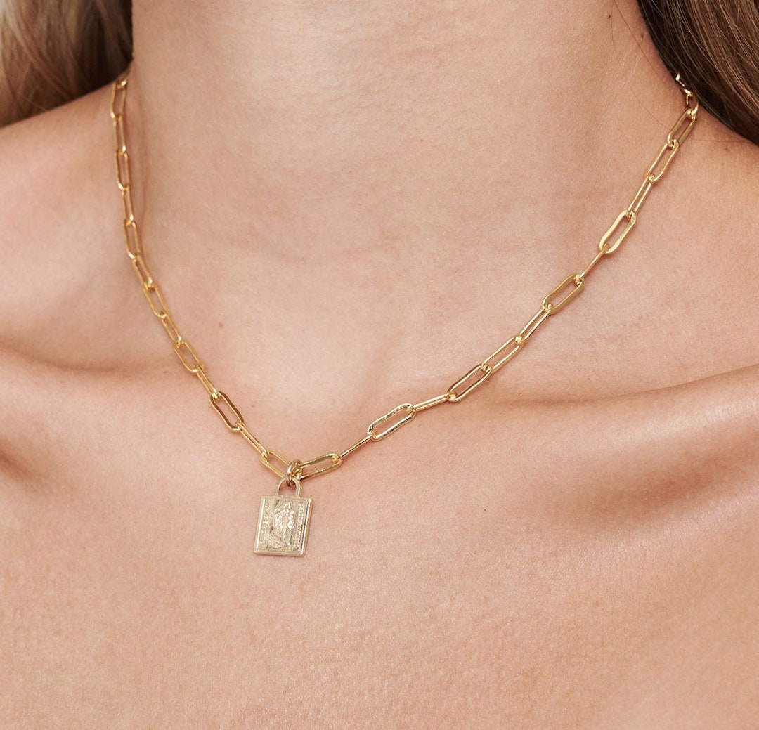 Gold Charm Necklace, Square Medallion Necklace, Chunky Chain Necklace ...