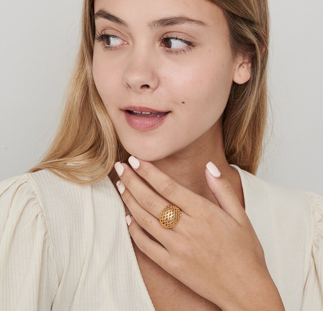 Gold Statement Ring, Unique Chunky Ring for Women, 14K Gold Plated Jewelry, Bold Adjustable Ring ...