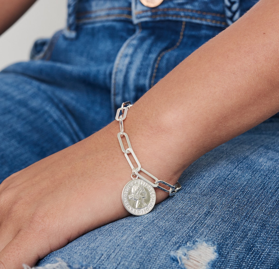 Sterling Silver Coin Bracelet, Silver Charm Bracelet, Coin Bracelets ...