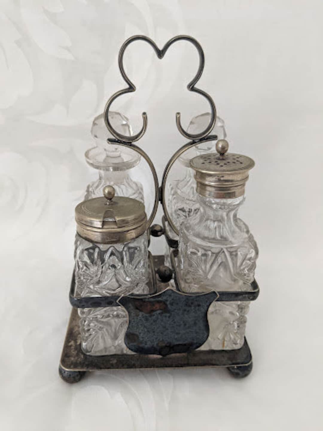Antique Four Piece Cruet Set. Vintage Cut Crystal and Silver Plated ...