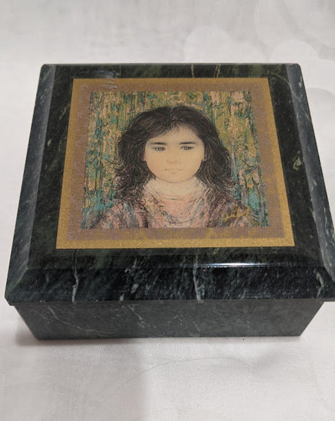 Vintage Edna Hibel Square Lidded Green Marble Trinket Box - Etsy