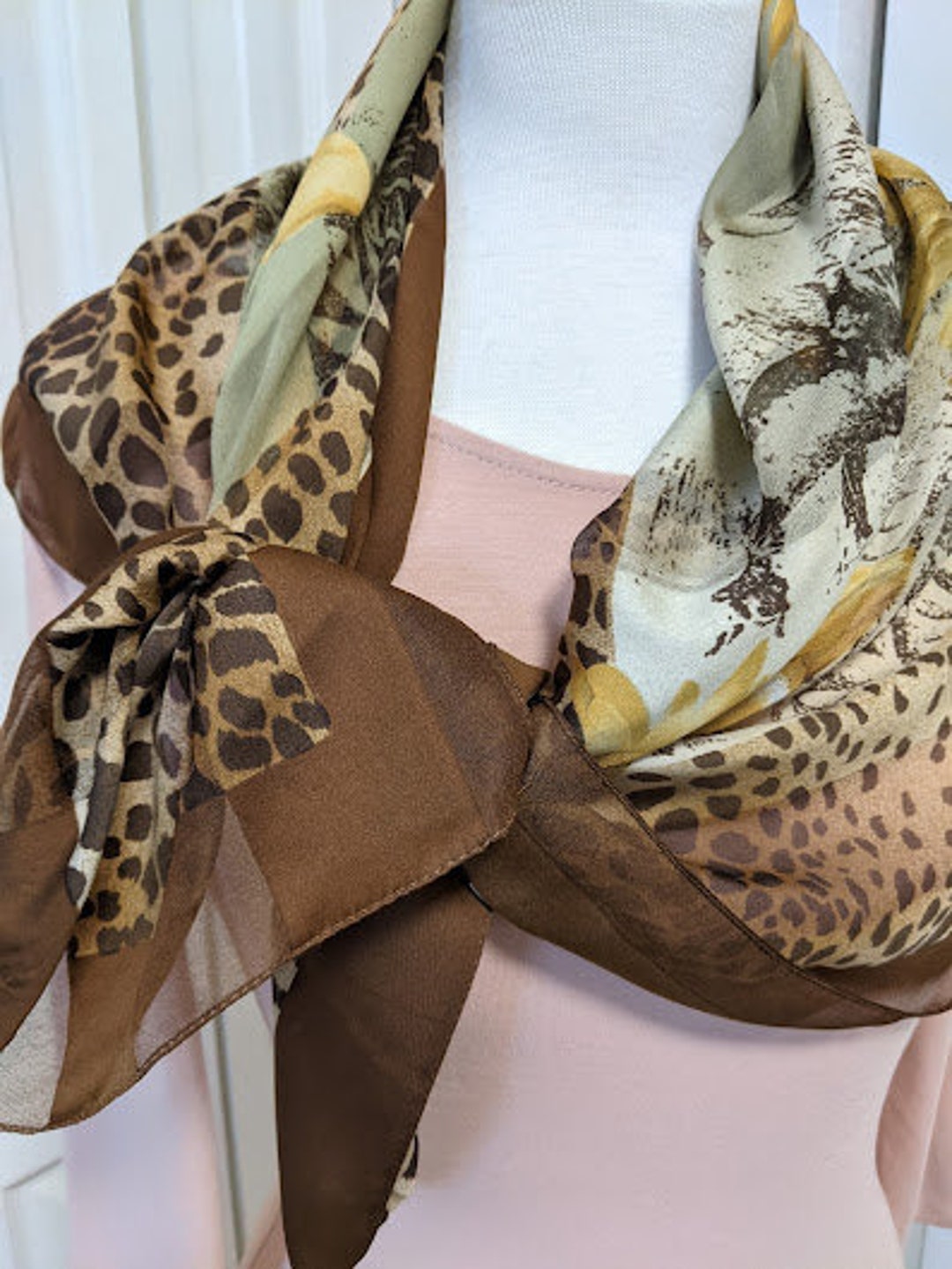 Vintage Monaco Monte Carlo Floral & Leopard Scarf. Brown/ Gold Large ...