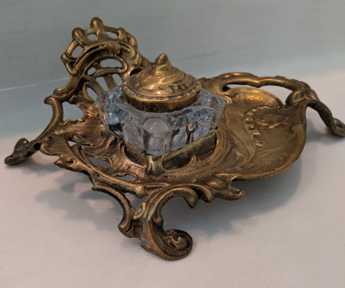 Vintage Brass Ink Well. Art Nouveau Solid Brass Ink Well. Brass Ornate ...