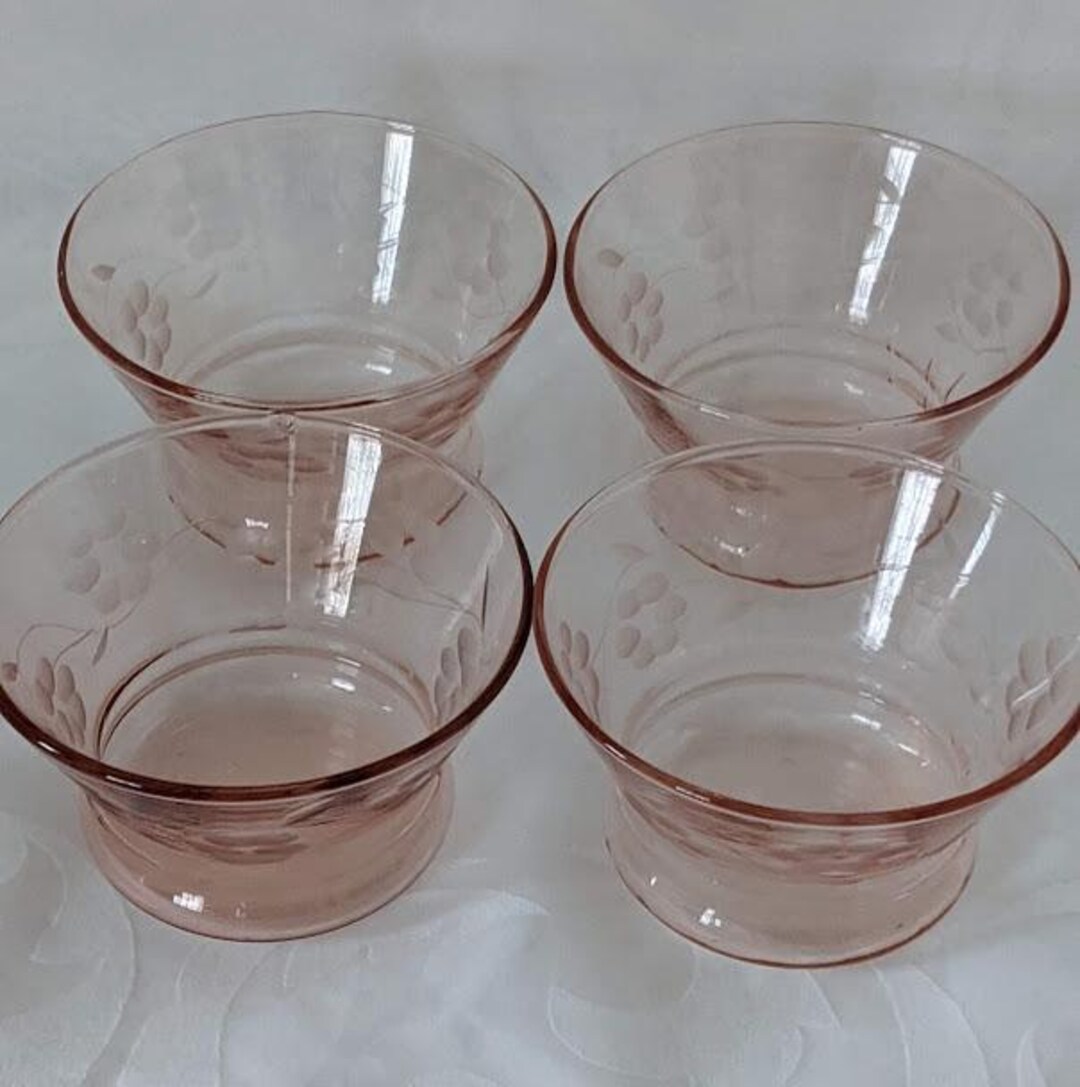 Vintage Pink Depression Glass Flowers and Leaves Etched Finger Bowls ...