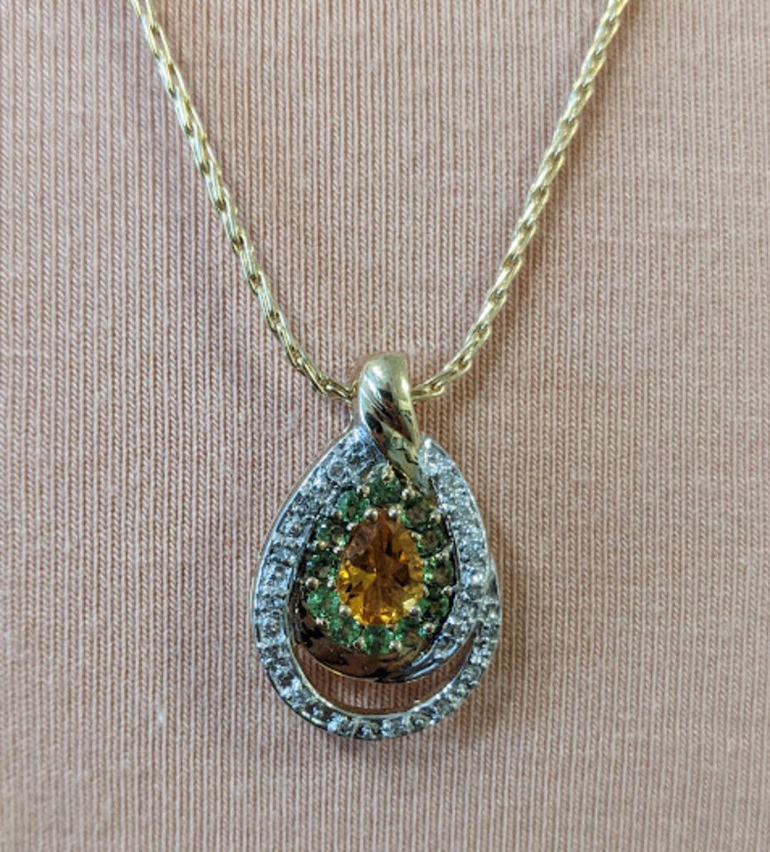 Vintage Pear Shaped Pendant and 14K Gold Chain. Multi Color Pendant ...