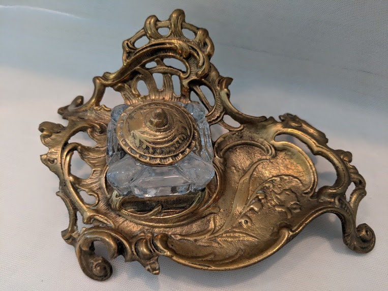 Vintage Brass Ink Well. Art Nouveau Solid Brass Ink Well. Brass Ornate ...