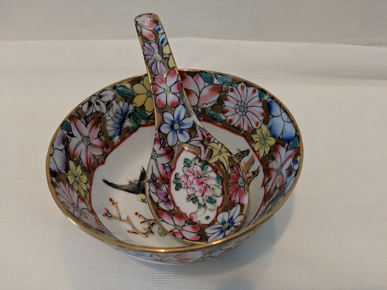 Vintage Chinese Porcelain Bowl and Spoon. Asian Rice Bowl and Spoon ...