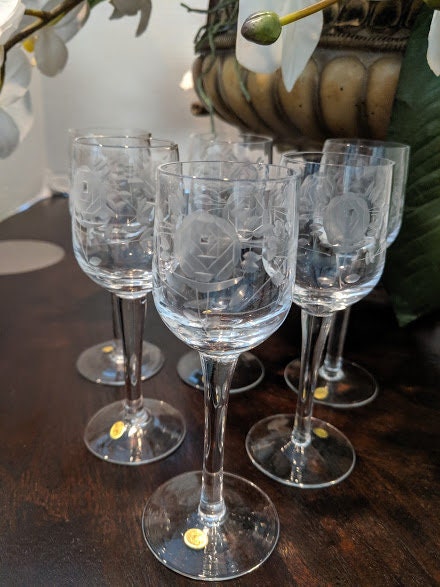 Vintage Crystal Stem Cordials Set of Six. Etched Flowers Fluted ...