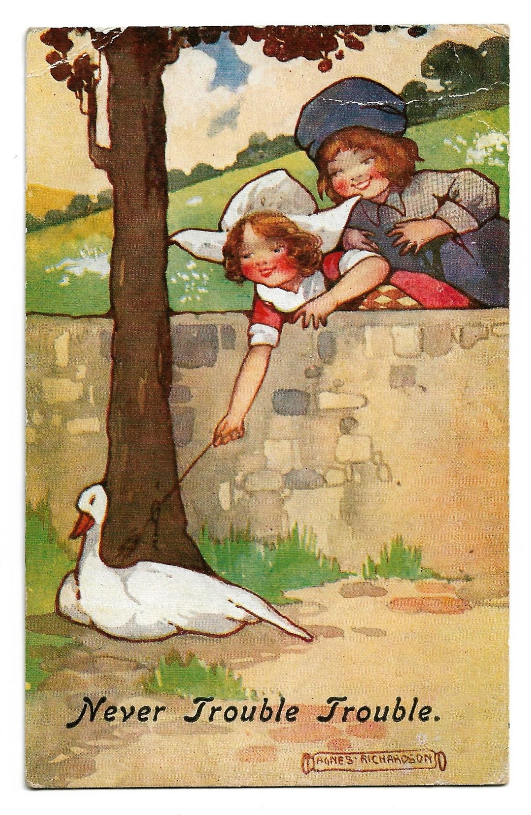 Postcard "never Trouble Trouble" Humour Children Poking a Goose by ...