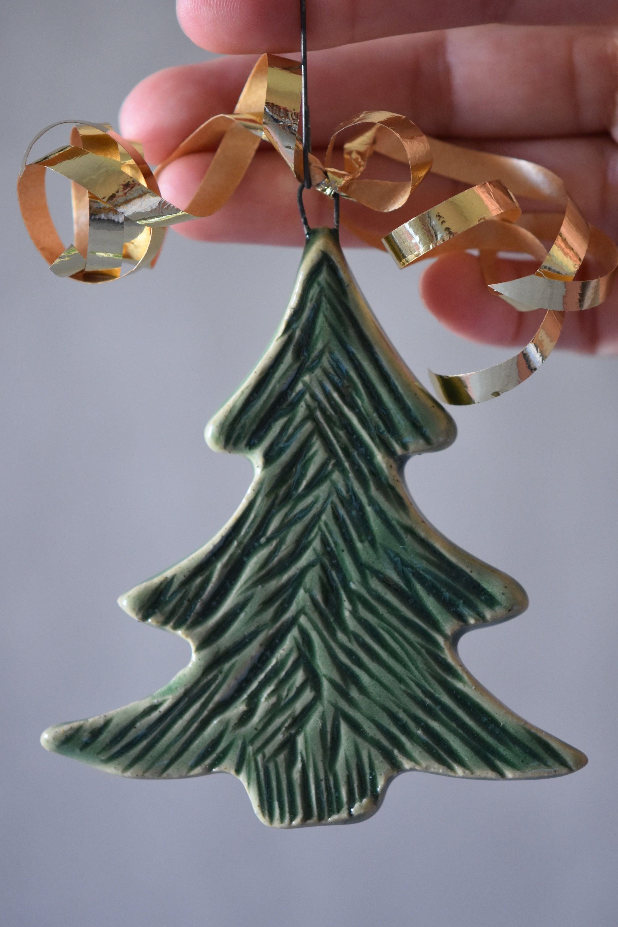 Carved Tree Pottery Ornament, Green Ceramic Stoneware Pottery, Rustic ...