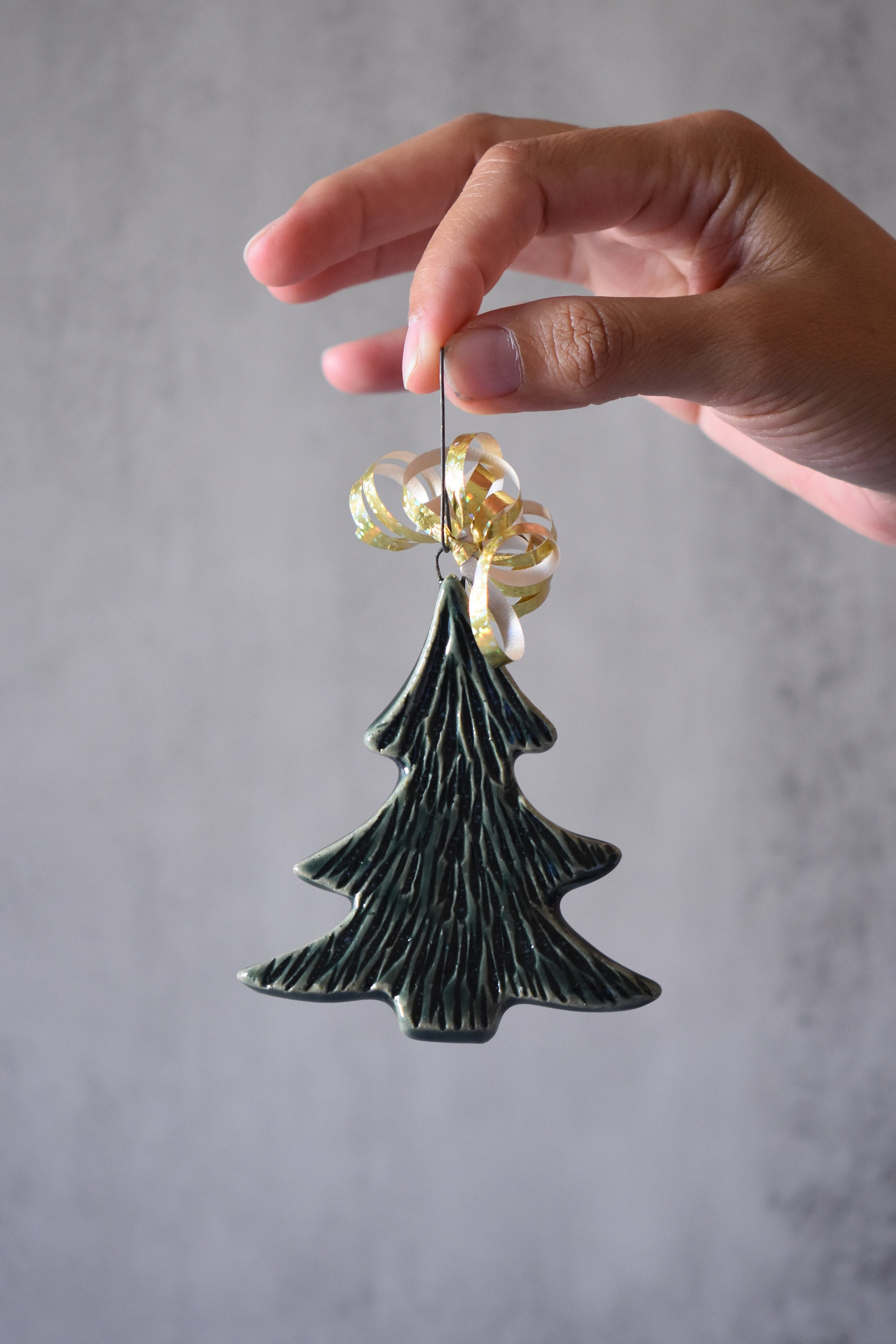 Carved Tree Pottery Ornament, Green Ceramic Stoneware Pottery, Rustic ...