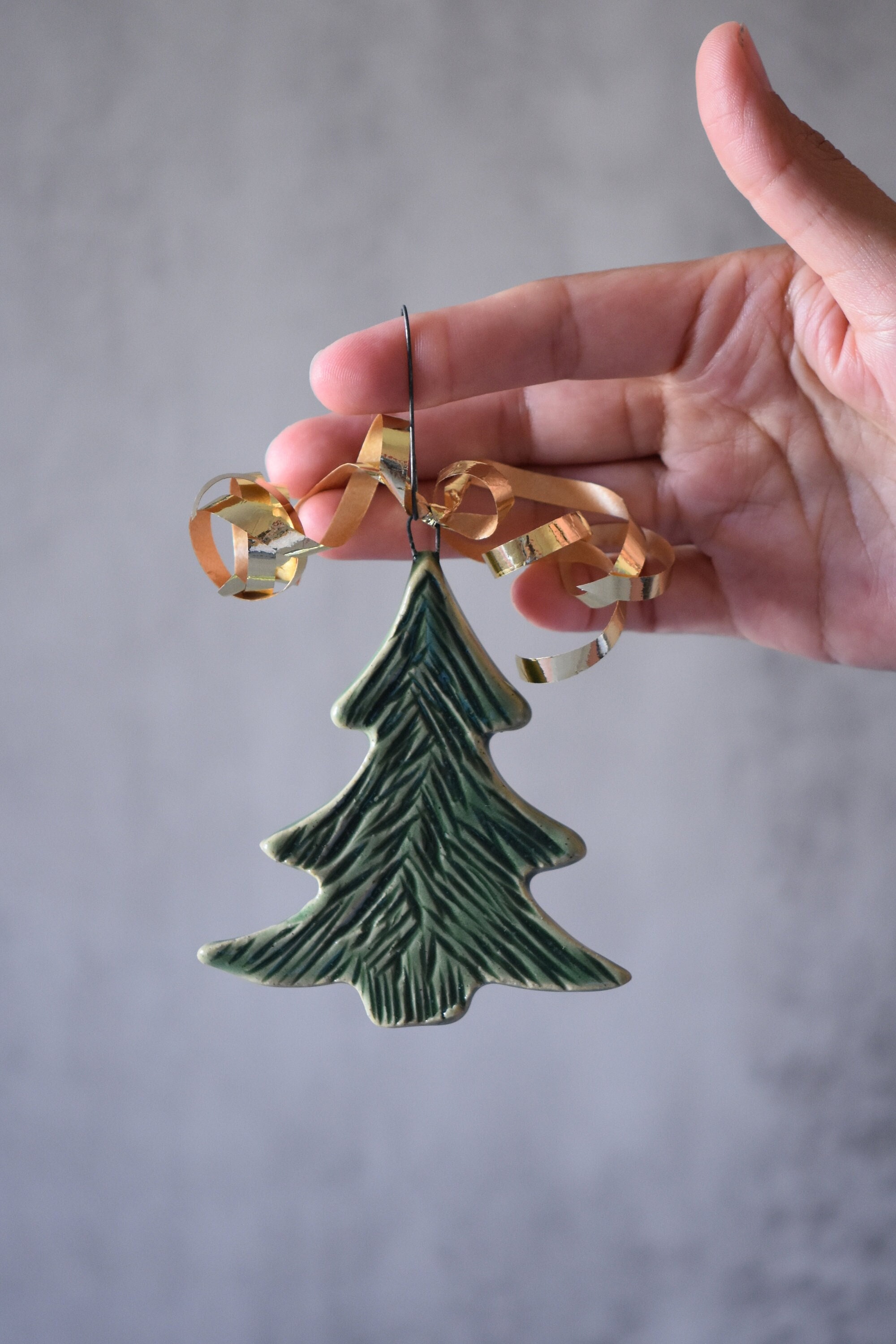 Carved Tree Pottery Ornament, Green Ceramic Stoneware Pottery, Rustic ...