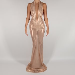 PRE-ORDER Custom Gold Champagne Metallic Sheer Stretch Mesh Halter Toga ...