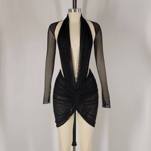 Pre-order Custom Black Sheer Mesh Backless Deep V Long Sleeves Toga ...