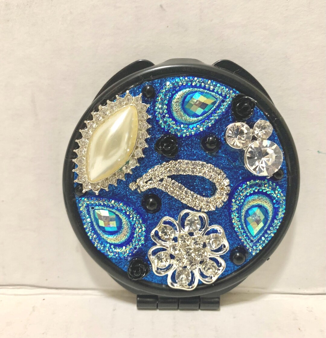 Embellished Black Cosmetic Purse Compact Mirror Rhinestone Flat Back ...