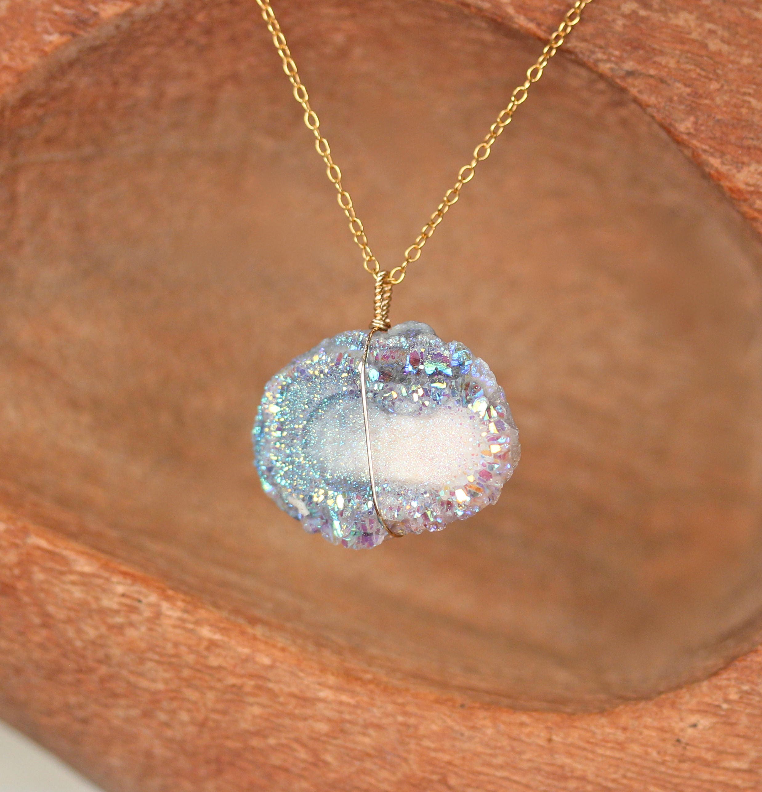 Raw crystal necklace, stardust necklace, aura crystal, raw chalcedony ...