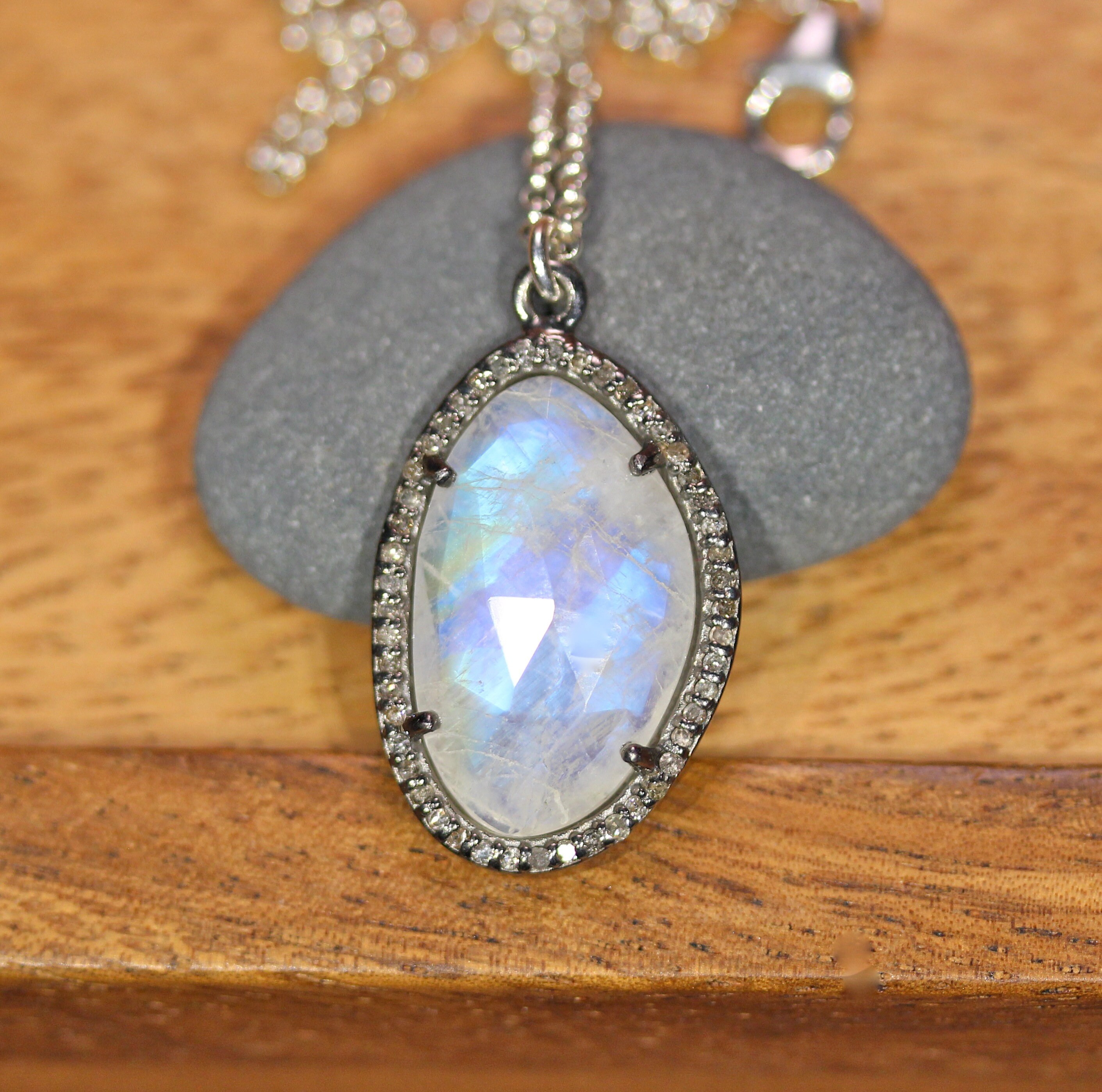 Moonstone and diamond necklace, pave diamond pendant necklace, rainbow ...